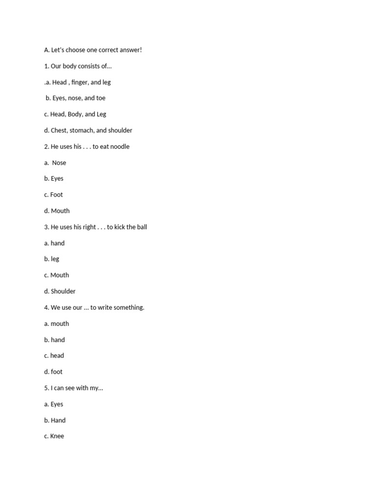 Body Parts Quiz for Kids | PDF