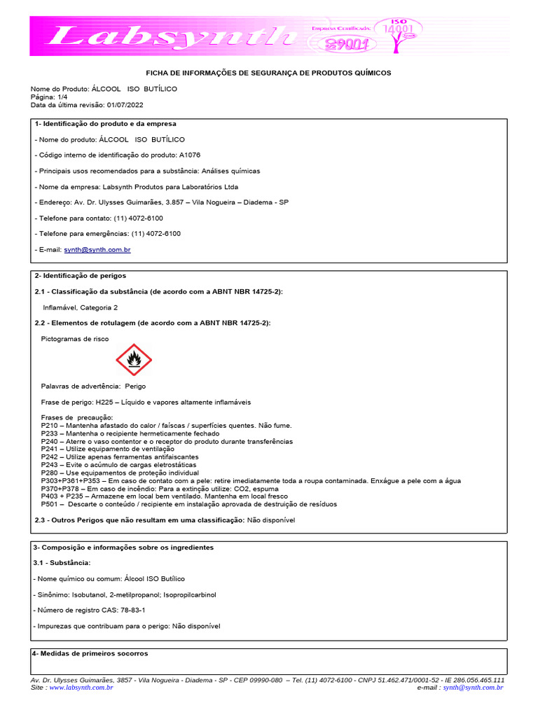 FISPQ - Alcool ISO Butilico | PDF | Primeiros socorros