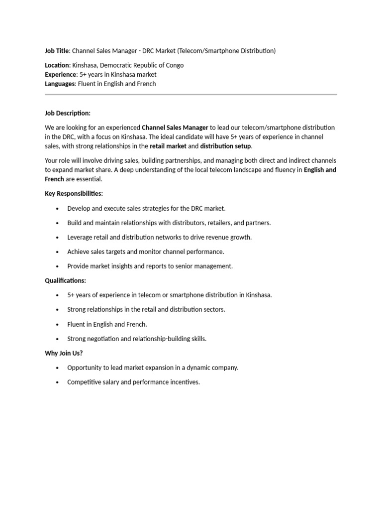 Channel Sales Manager - DRC Telecom | PDF
