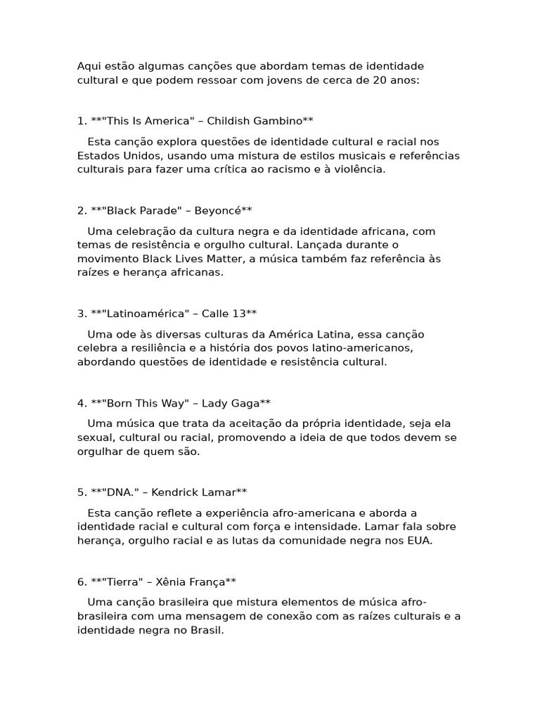 Canções sobre Identidade Cultural para Jovens | PDF