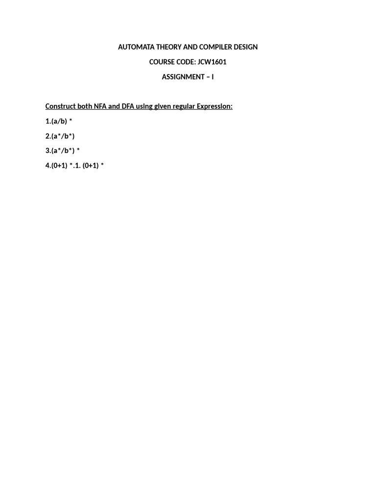 Automata Theory and Compiler Design Ass-I | PDF