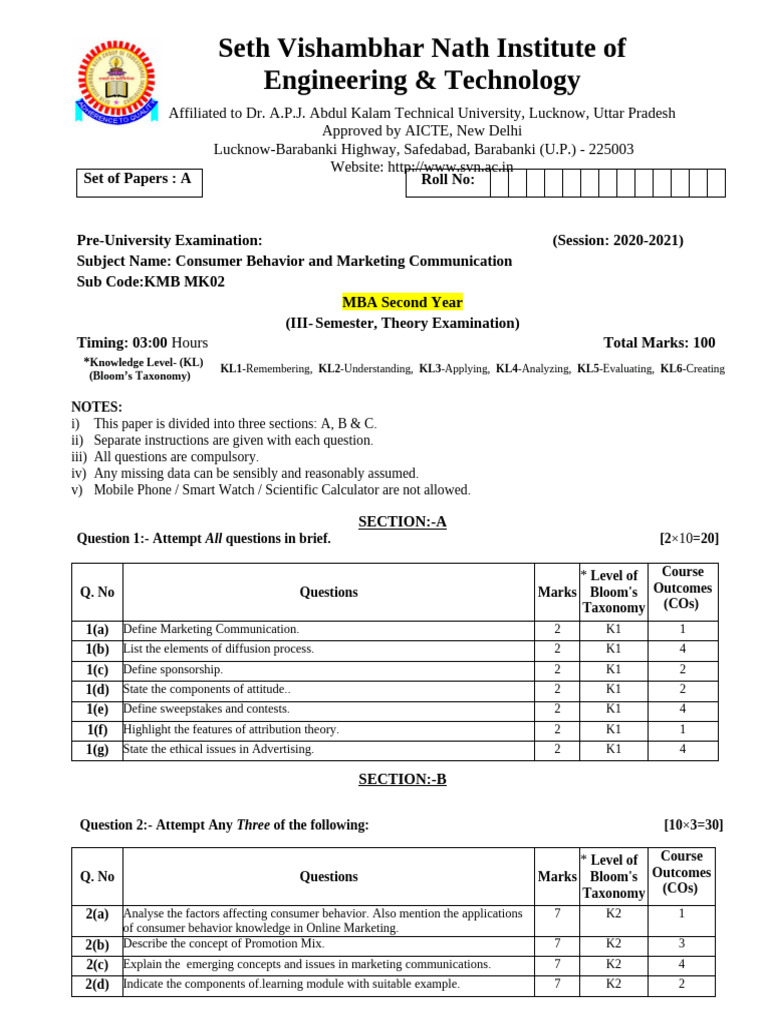 MBA 2nd Yr CBMC KMBMK02PUT - Question - Paper | PDF | Marketing ...