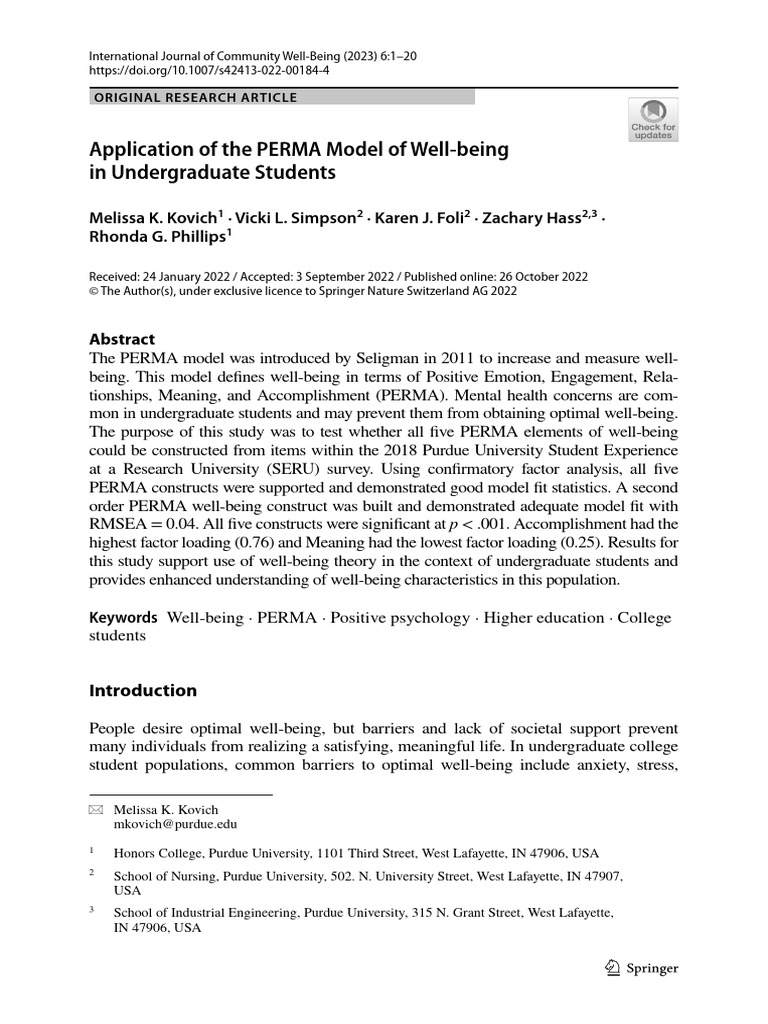 Application of The PERMA Model of Well Being in Undergraduate Students | PDF | Behavioural ...