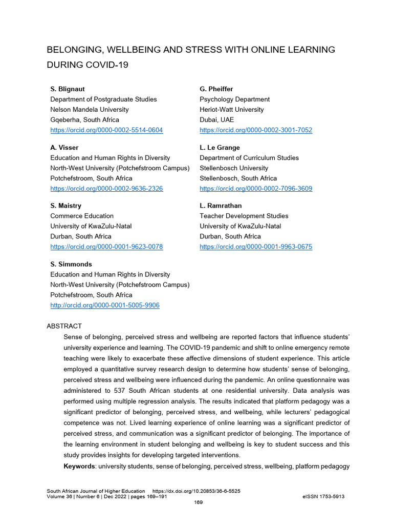 Blignaut 2022 Belonging Wellbeing and Stress With | PDF | Dependent And ...
