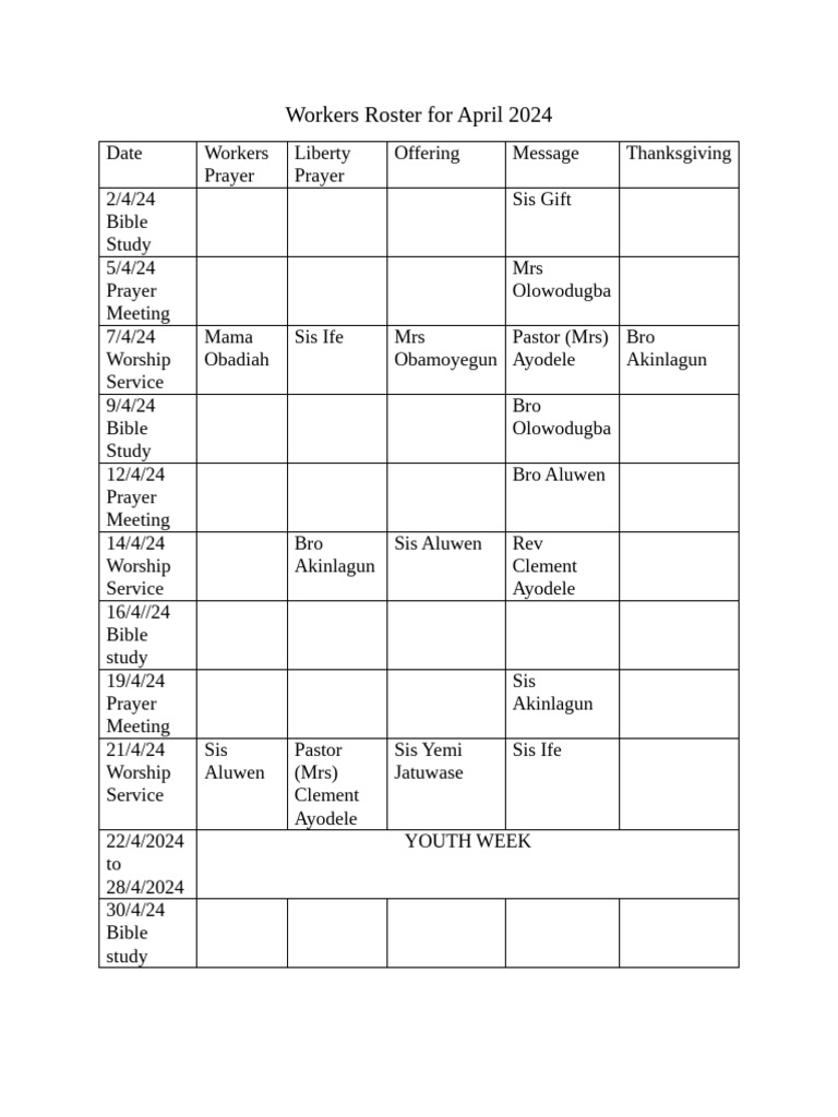 Workers Roster for April 2024 | PDF