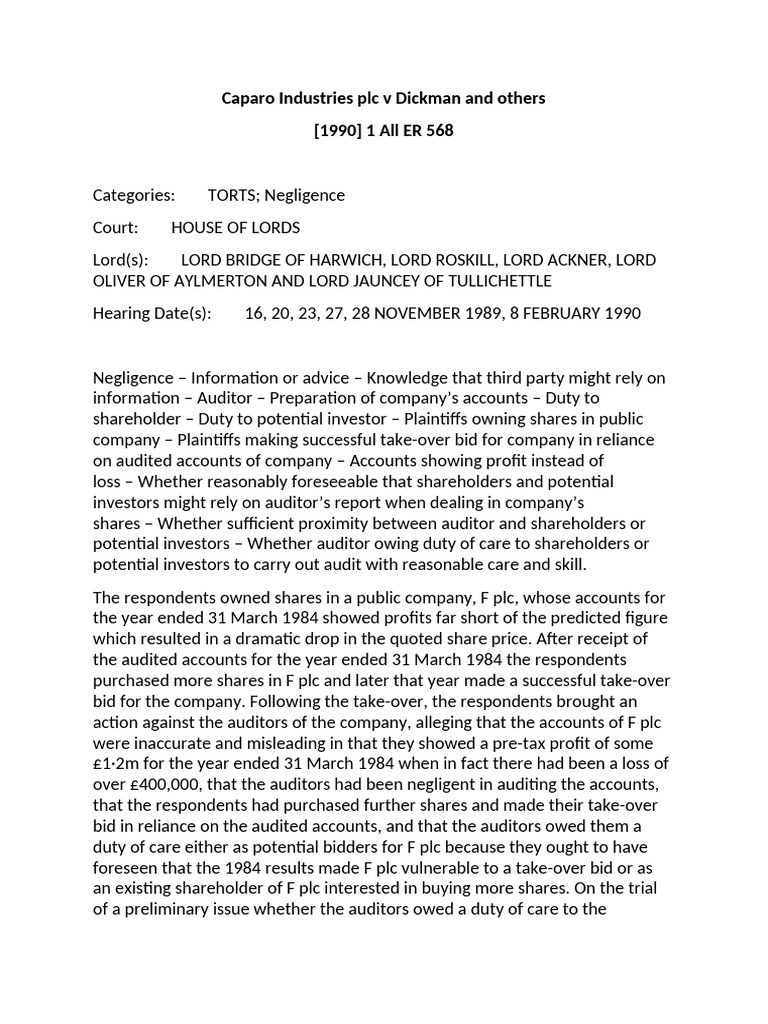 Caparo Industries PLC V Dickman and Others | PDF | Common Law | Private Law