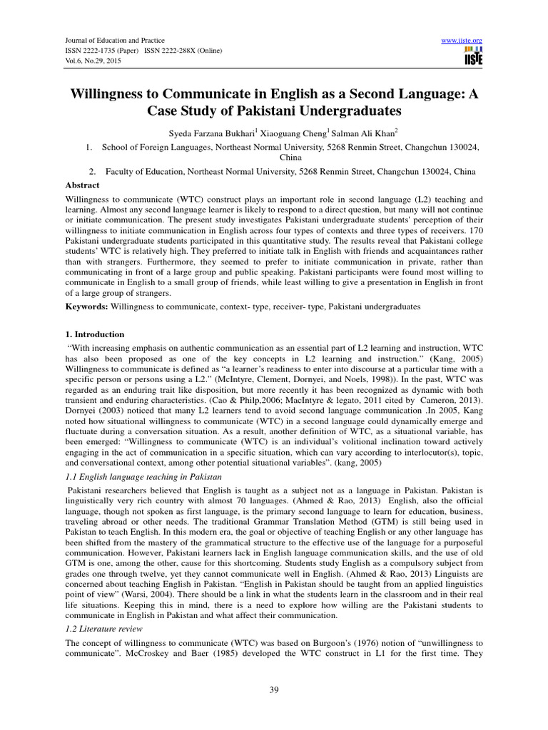 Willingness to Communicate in English as a Second Language - A Case Study of Pakistani ...