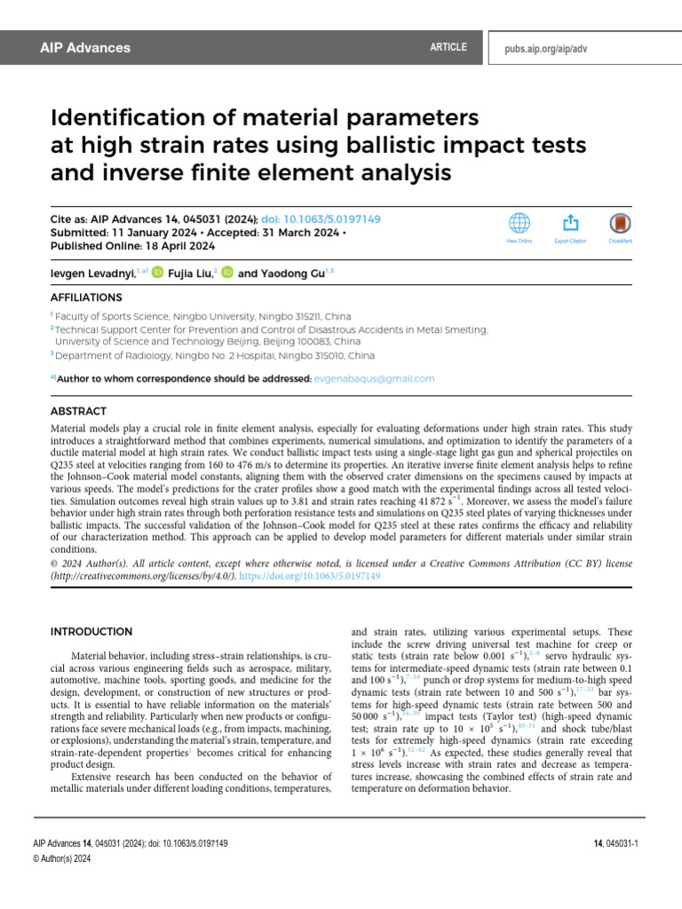 Identification Of Material Parameters At High Strain Rates Using Ballistic Impact Tests And