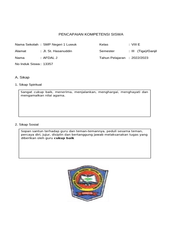 Rapor Kelas Viii e | PDF