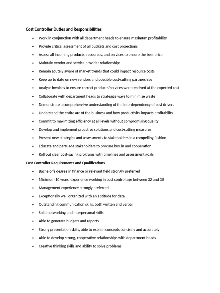 Cost Controller Job Responsibilities Guide | PDF
