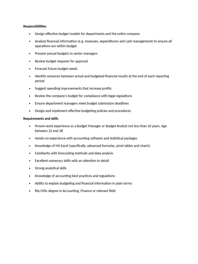 Budget Manager Responsibilities & Skills | PDF
