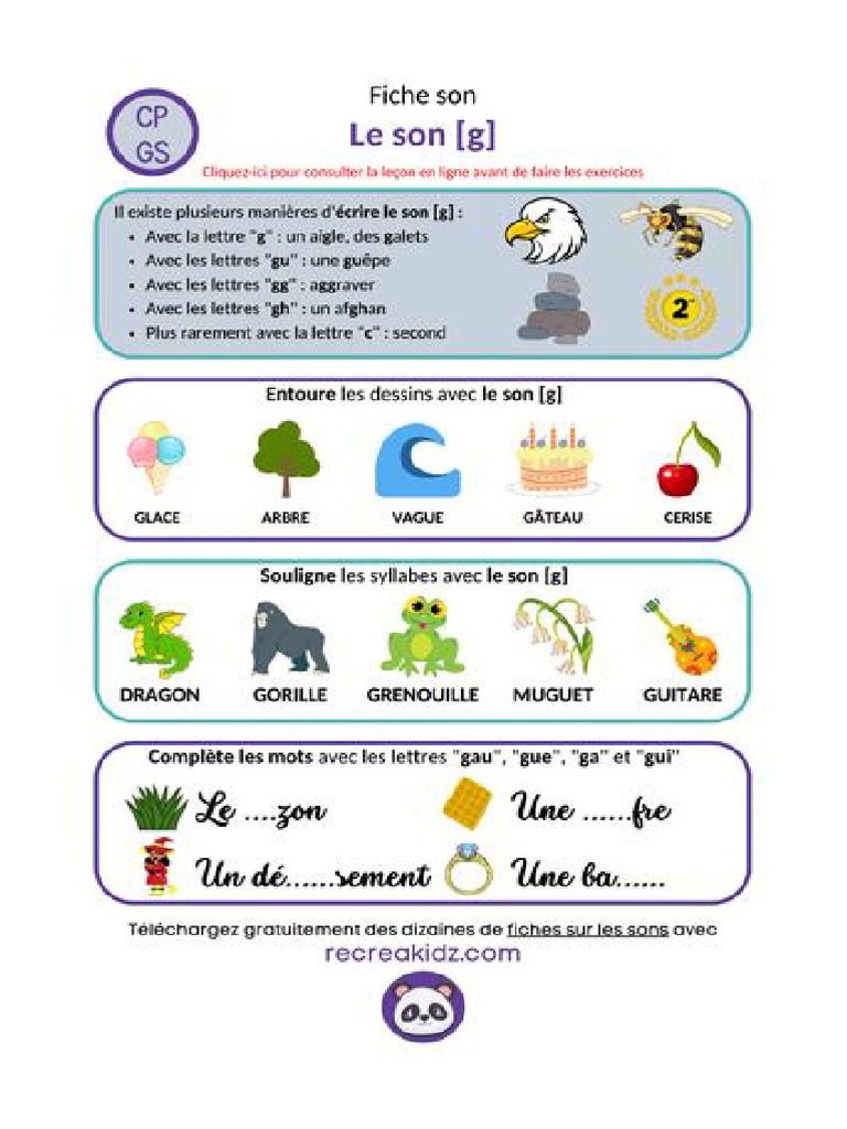 Fiche Exercices Son g Gu Cp Ce1 Ce2 a Imprimer PDF | PDF