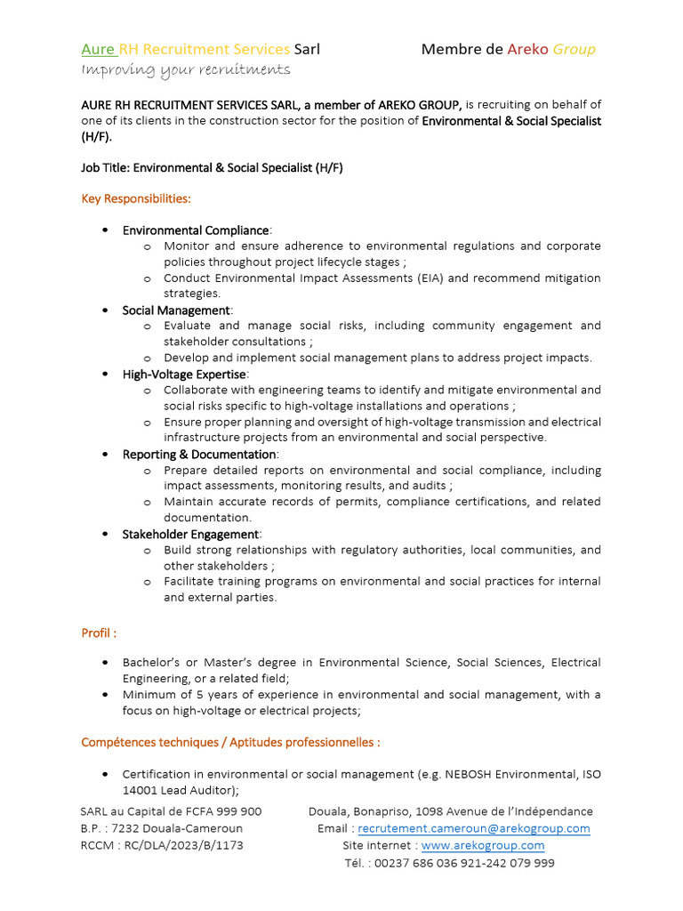 AREKO GROUP - Recrutement Environmental & Social Specialist | PDF ...