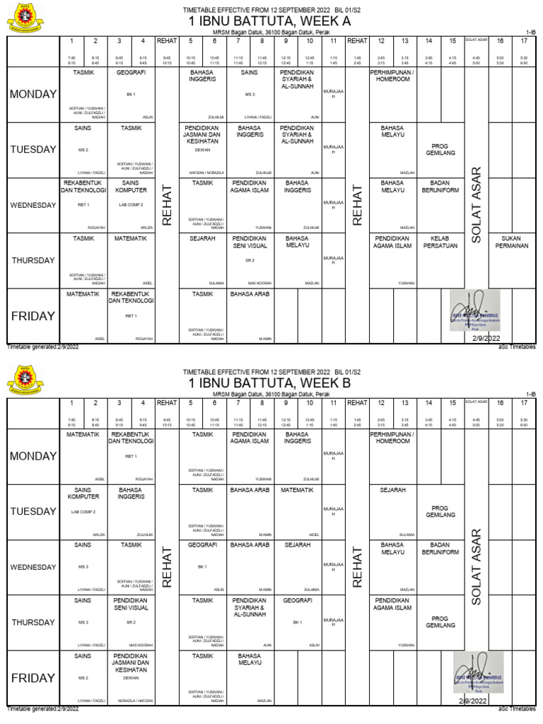 TIMETABLE 01 - S2 - CLASSES Signed | PDF