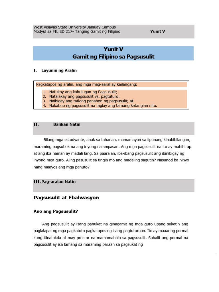 FIL ED 217 Yunit 5 Gamit NG Fil Sa Pagsusulit 1 | PDF