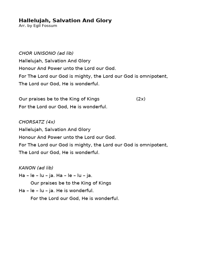 Hallelujah Salvation and Glory - Lyrics | PDF