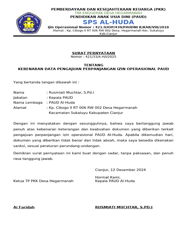 Surat Pernyataan Kebenaran Data | PDF