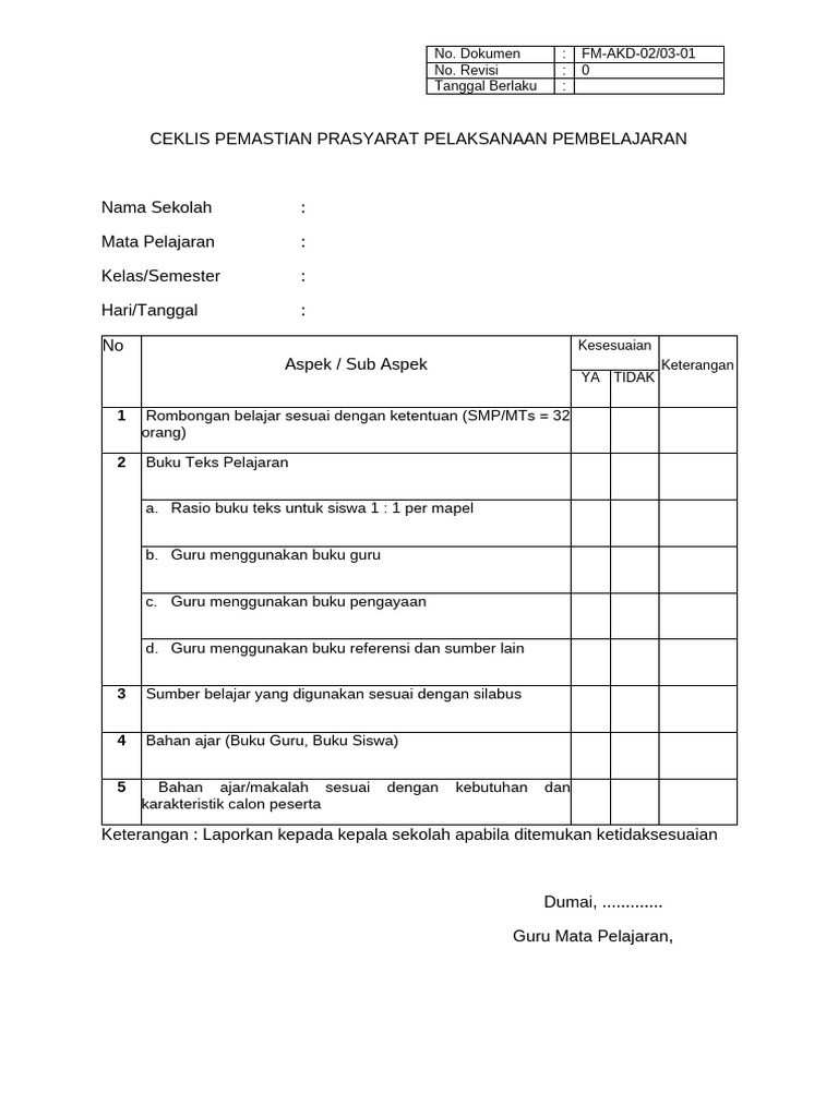 0301 LBR Checklist Prasyarat | PDF
