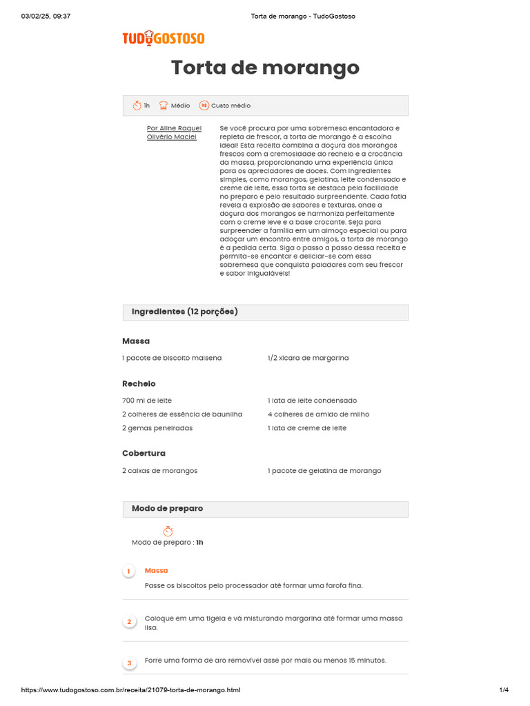 Torta de morango - TudoGostoso | PDF | Creme (gastronomia) | Alimentos