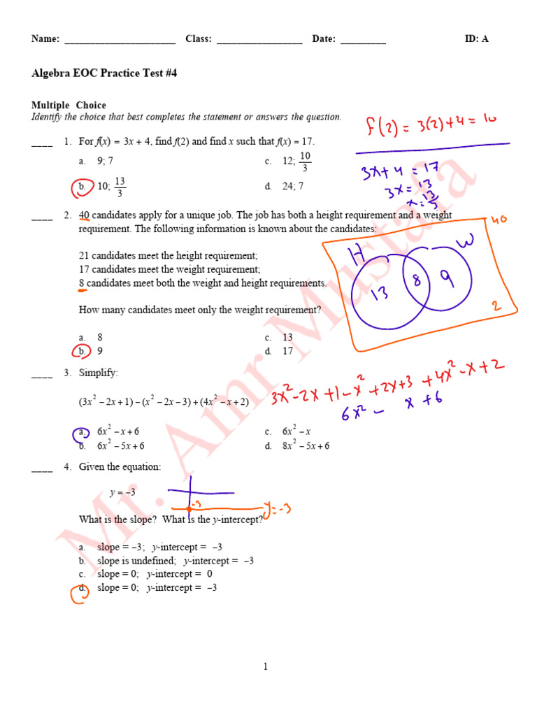 Algebra EOC Practice Test #4 | PDF | Subtraction | Elementary Mathematics