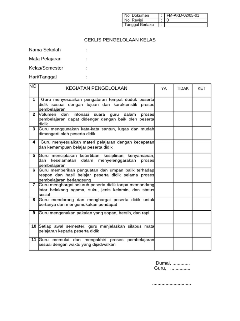 Ceklis Pengelolaan Kelas Efektif | PDF