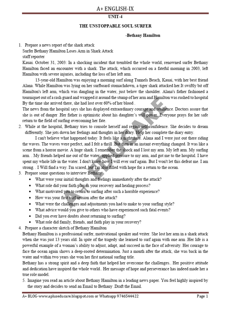 A- BLOG- CLASS-9-ENGLISH-UNIT-4-THE UNSTOPPABLE SOUL SURFER-QUESTIONS ...