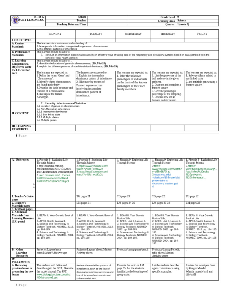 DLL SCIENCE 9 Q1 WEEK 4 | PDF | Dominance (Genetics) | Genotype