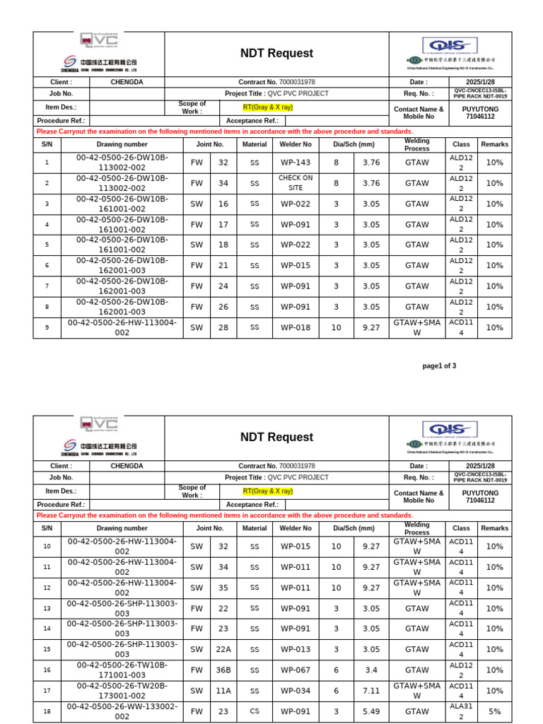 QVC PVC Project NDT Request | PDF | Engineering | Secondary Sector Of The Economy