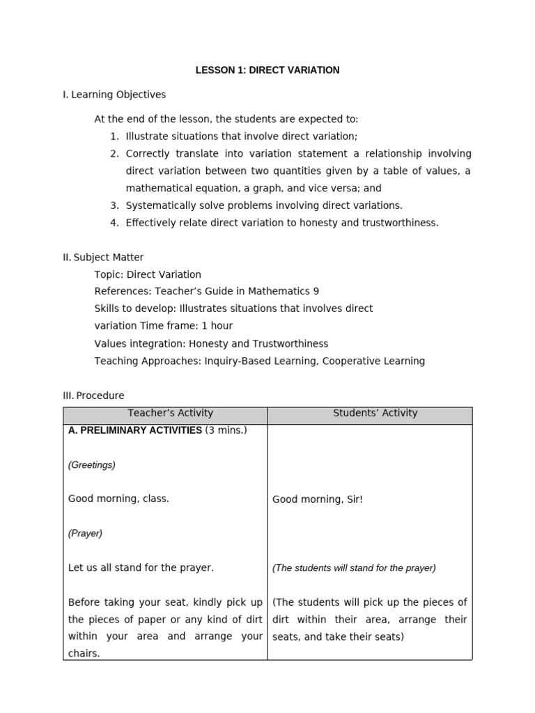 Detailed Lesson Plan Direct Variation | PDF | Variable (Mathematics) | Equations
