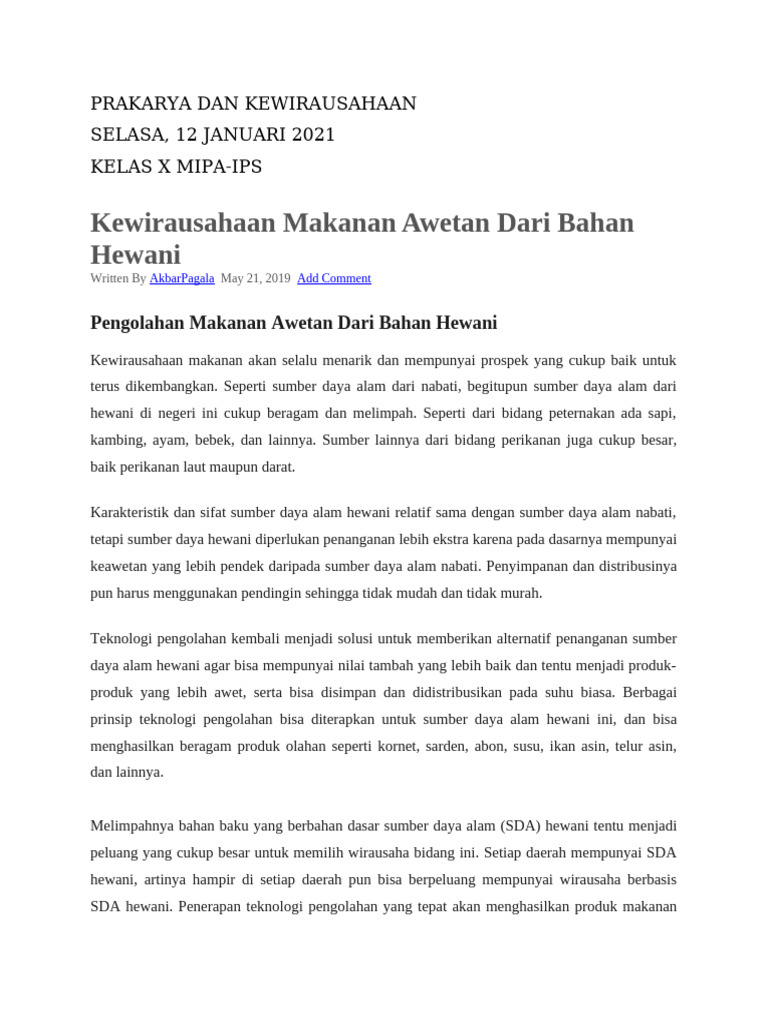Kewirausahaan Makanan Awetan Hewani | PDF