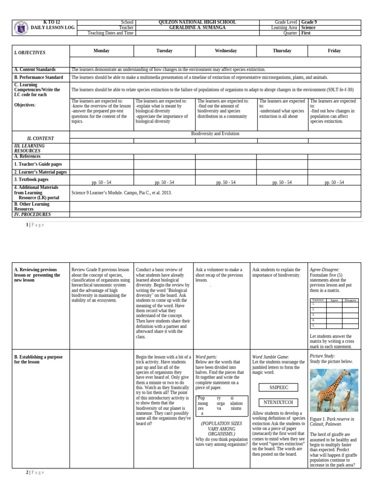 DLL SCIENCE 9 Q1 WEEK 5 | PDF | Biodiversity | Learning
