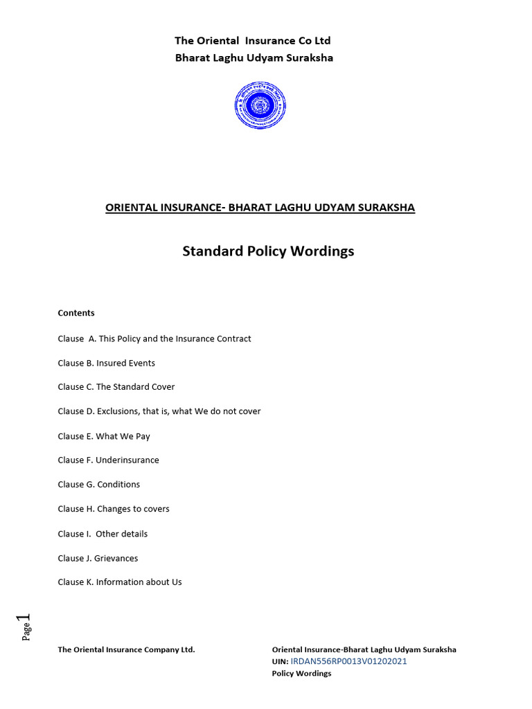 BLUS Standard Wordings OICL | PDF | Insurance | Radioactive Contamination