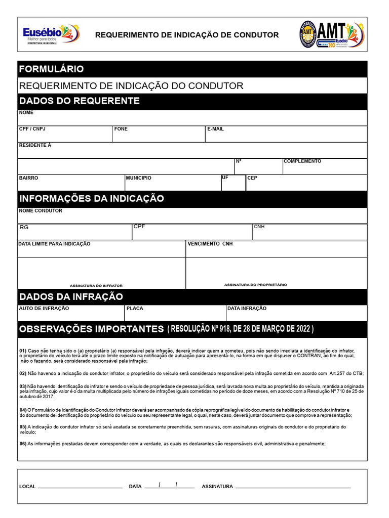 Formulário de Indicação de Condutor Infrator | PDF