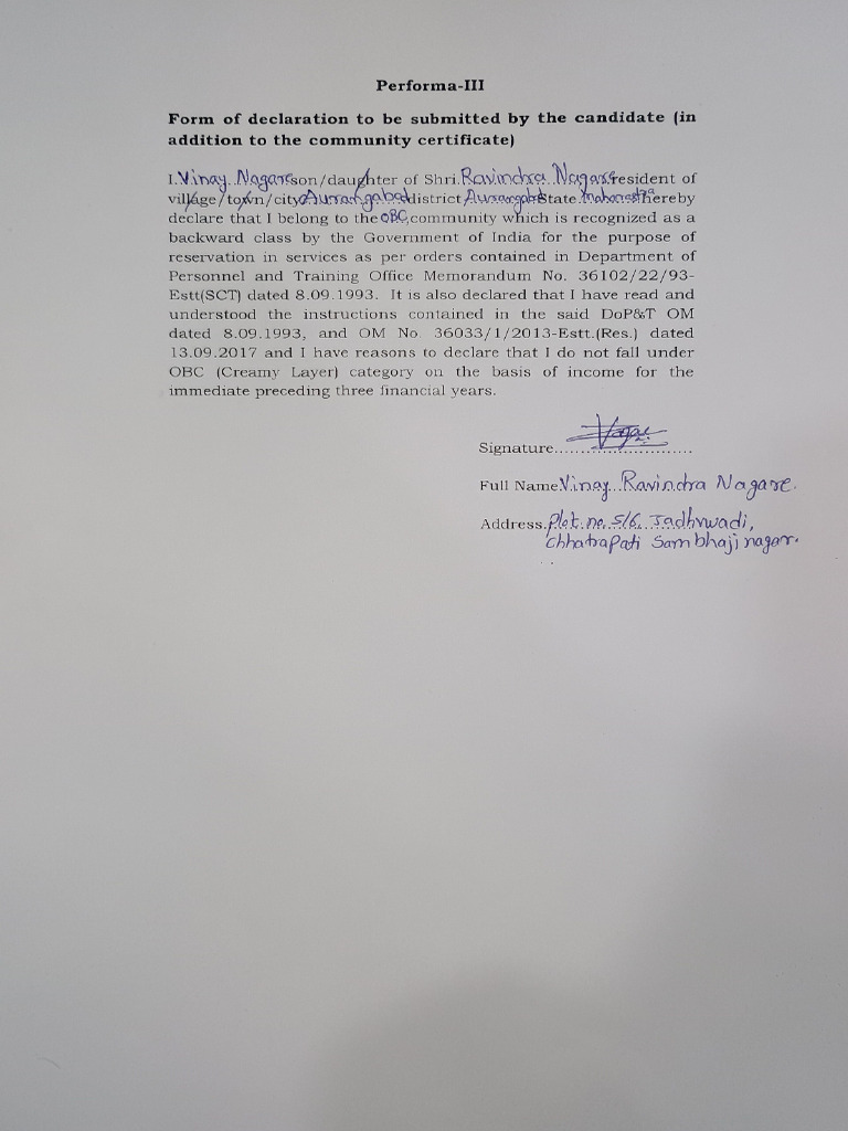 Obc Declaration Form Pdf