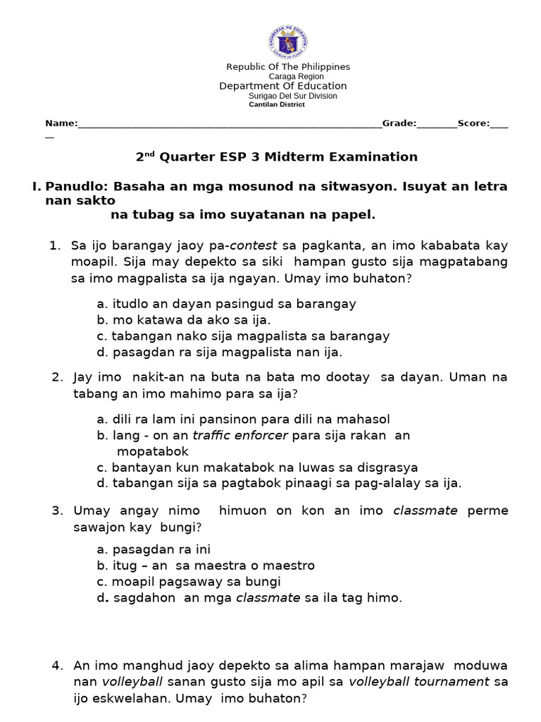 Grade 3 Esp Midterm | PDF