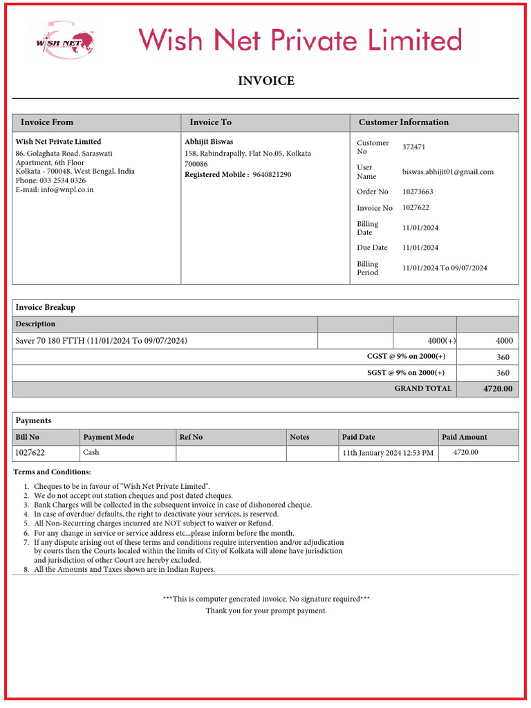 Wishnet Invoice - Jan To July | PDF | Cheque | Invoice