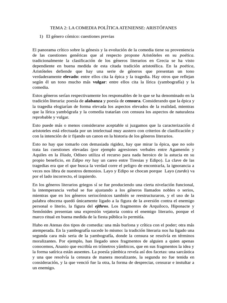 Literatura Griega Tema 2 | PDF | Aristófanes | Traducciones