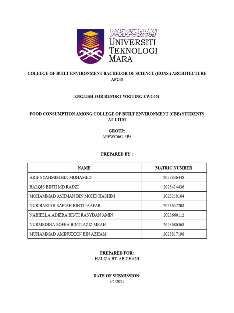 Proposal Food Consumption Among College of Built Environment (Cbe ...