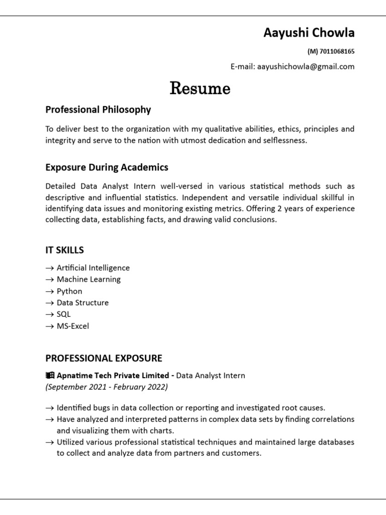 Aayushi Chowla Resume - 31-1-24 | PDF | Data Analysis | Data