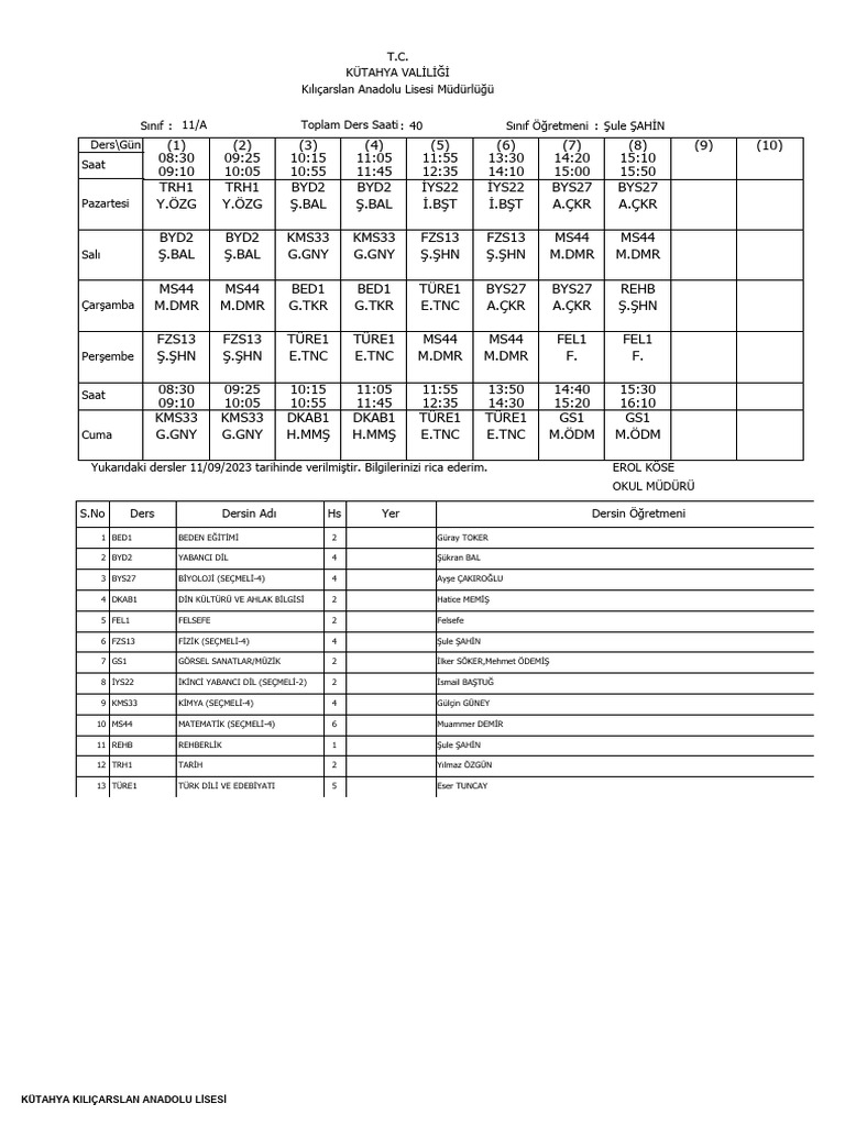 11 Eylul Sinif Programi 11.siniflar | PDF
