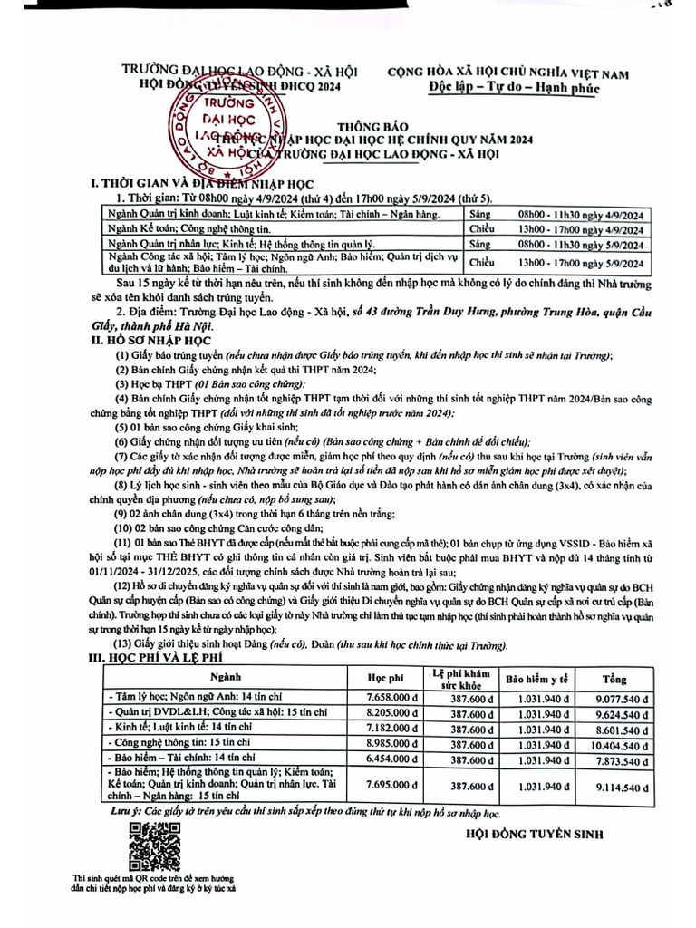 Thong Bao Thu Tuc Nhap Hoc DH He Chinh Quy Nam 2024 DHLDXH | PDF