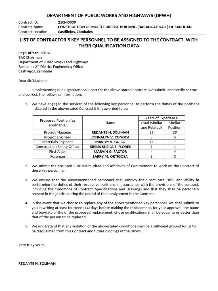 List of Contractor's Key Personnel | PDF