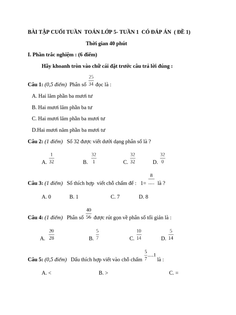 De Kiem Tra Cuoi Tuan Toan 5 Hoc Ki 1 | PDF