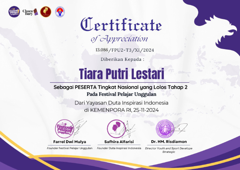 Sertifikat Festival Pelajar Unggulan 2 - Tiara Putri Lestari | PDF