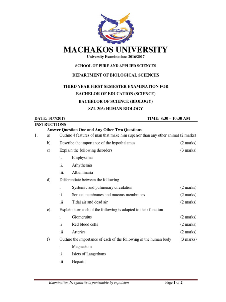 Human Biology Exam Questions and Guidelines | PDF | Human Body | Blood