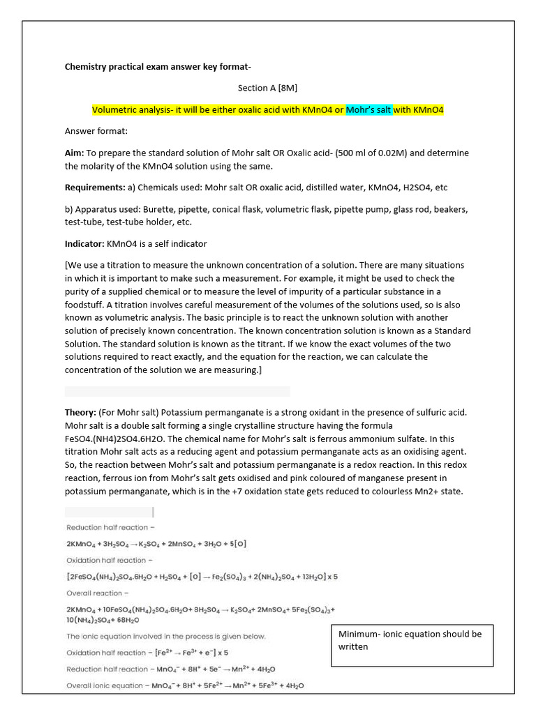 G12 Chem Practical Board Exam Answer Key Sample | PDF | Titration | Chemistry