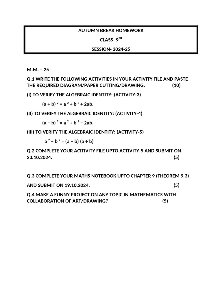 Autumn Break Homework Class 9th Maths | PDF