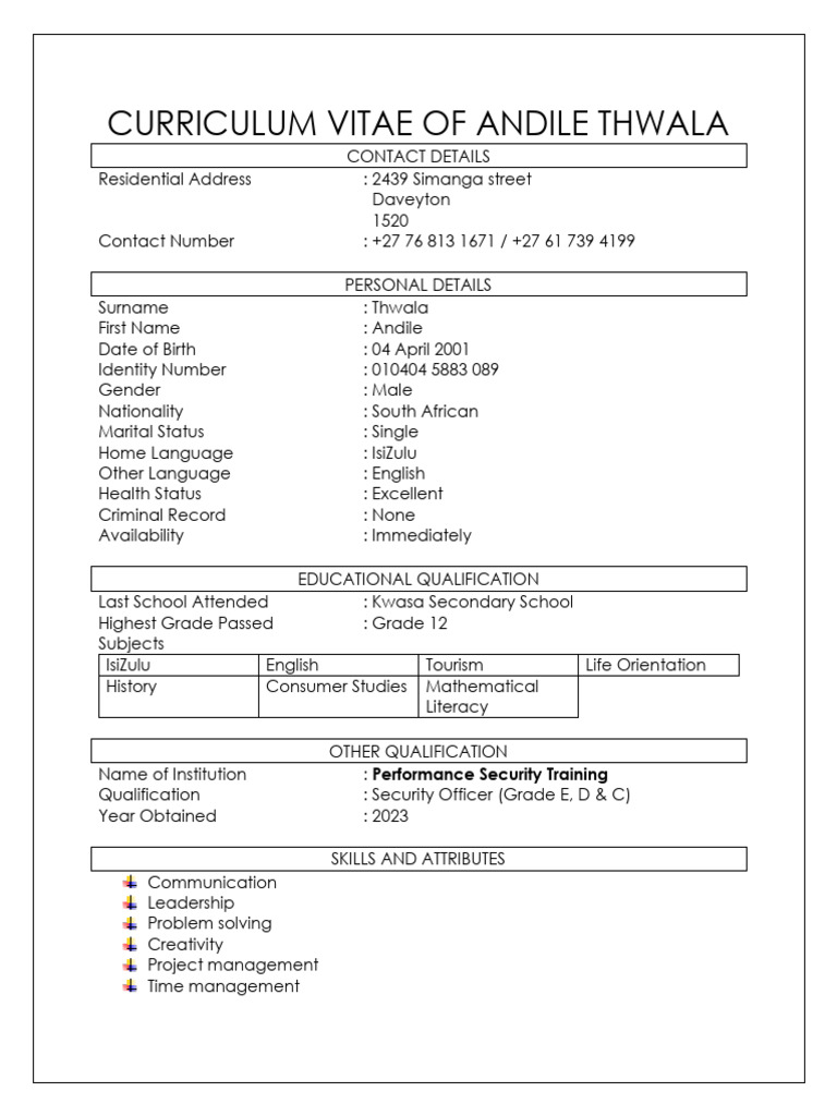 Andile Thwala's Curriculum Vitae | PDF
