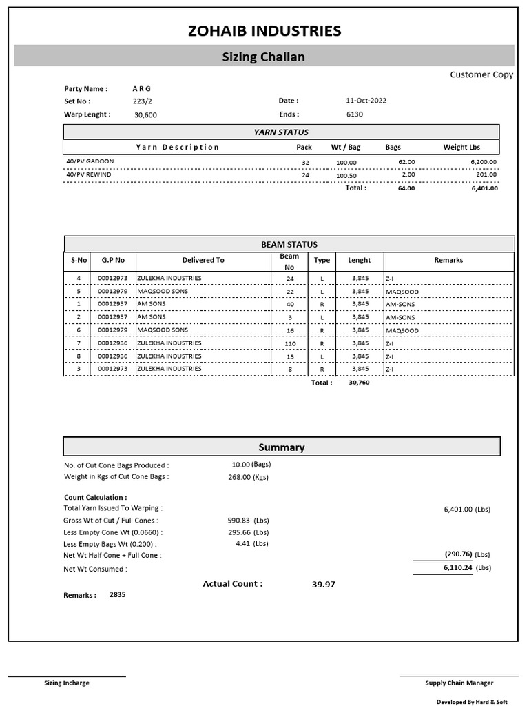 Zohaib Industries: Sizing Challan | PDF | Textiles | Textile Arts