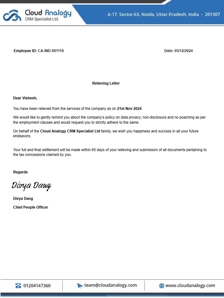 Relieving Letter for Vishesh Mishra | PDF